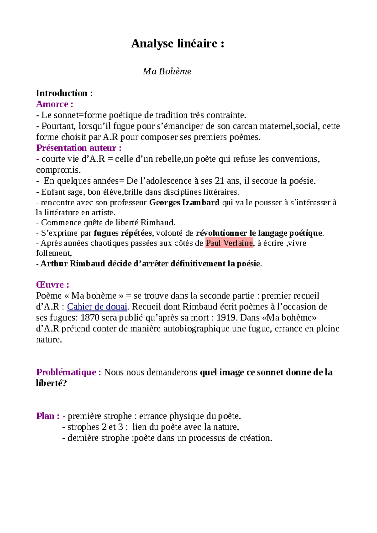 Analyse linéaire du poème "Ma Bohème" d'A.R. - LITT 101 - Studocu