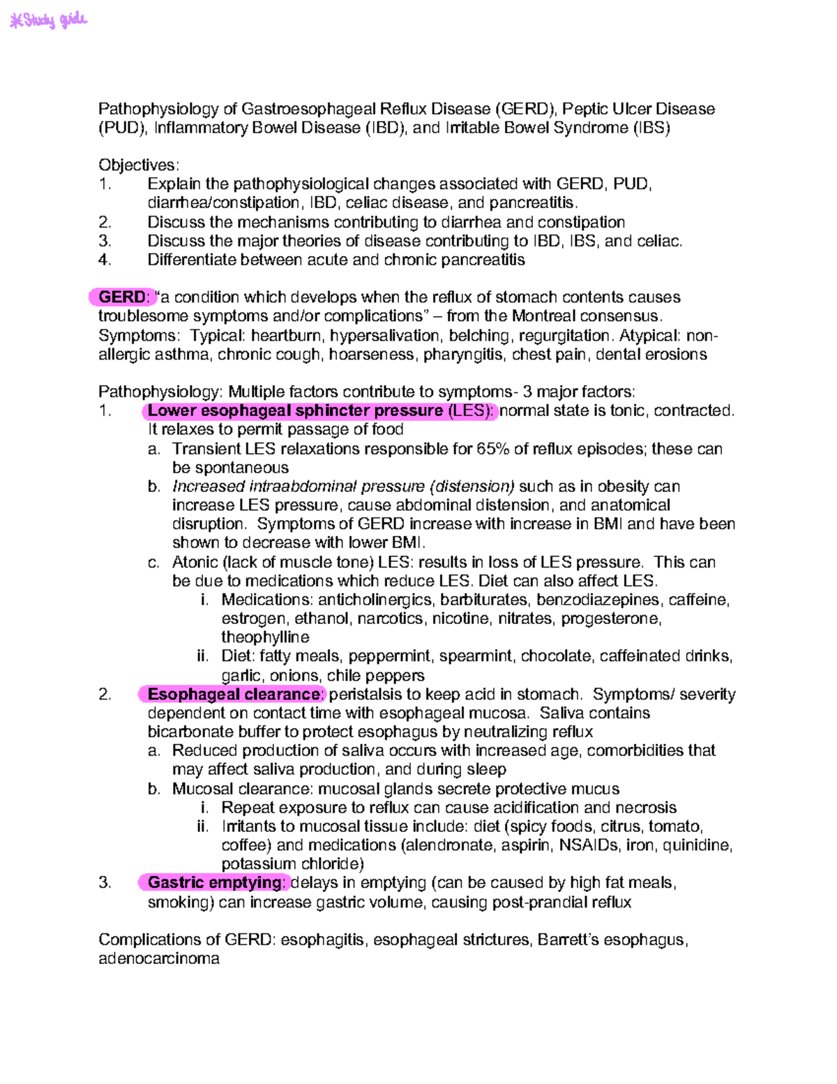 Pathophysiology of GERD, PUD, IBD, and IBS - Studocu