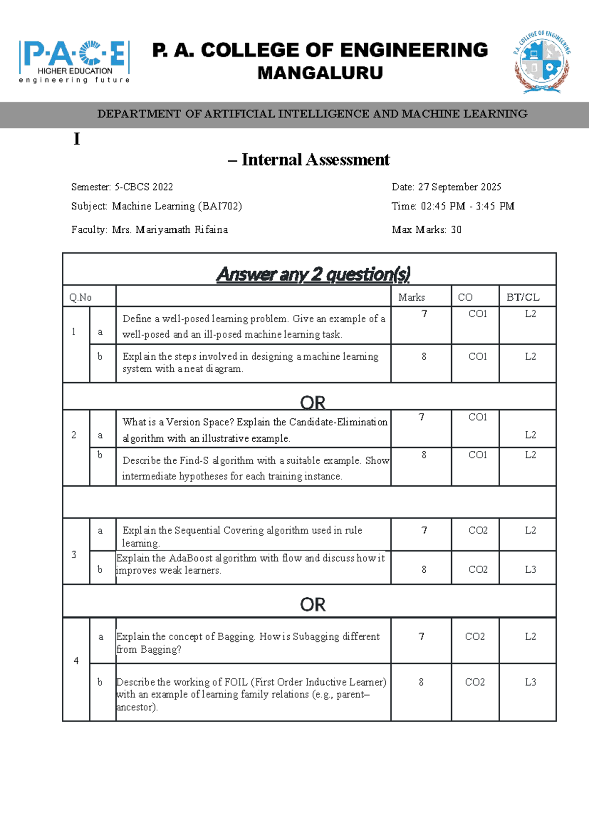 BAI702 Internal Assessment 1 - Machine Learning Questions - Studocu
