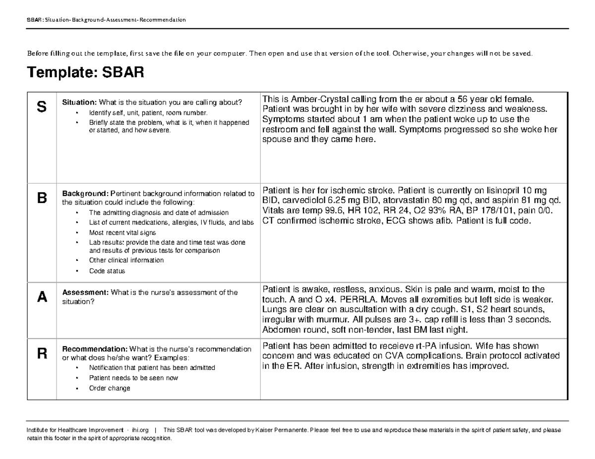 SBAR Template for Stroke Assessment and Recommendations - Studocu