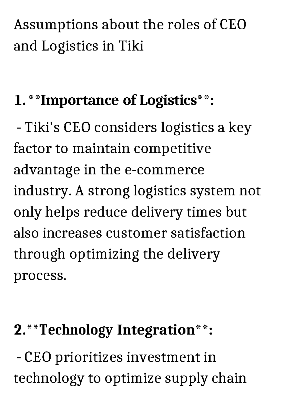 Giả định về vai trò của CEO và Logistics trong Tiki: Chiến lược tối ưu ...