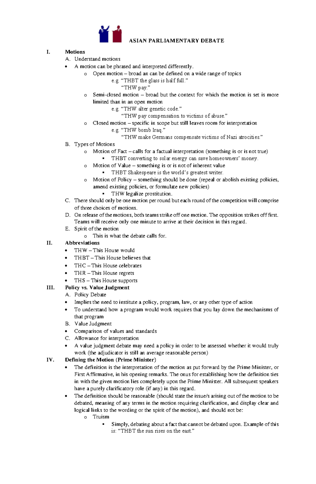 Asian Parliamentary Debate Guide: Motions and Speech Format - Studocu