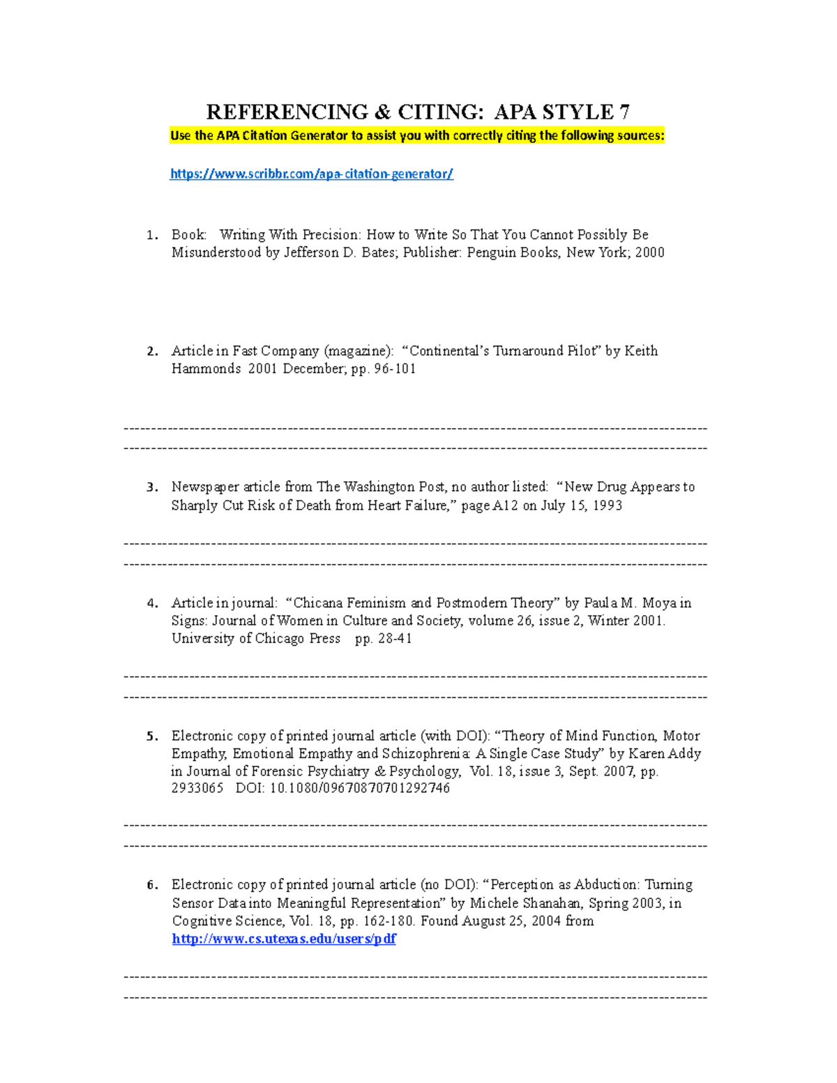 APA bibliography and referencing exercise - REFERENCING & CITING: APA ...
