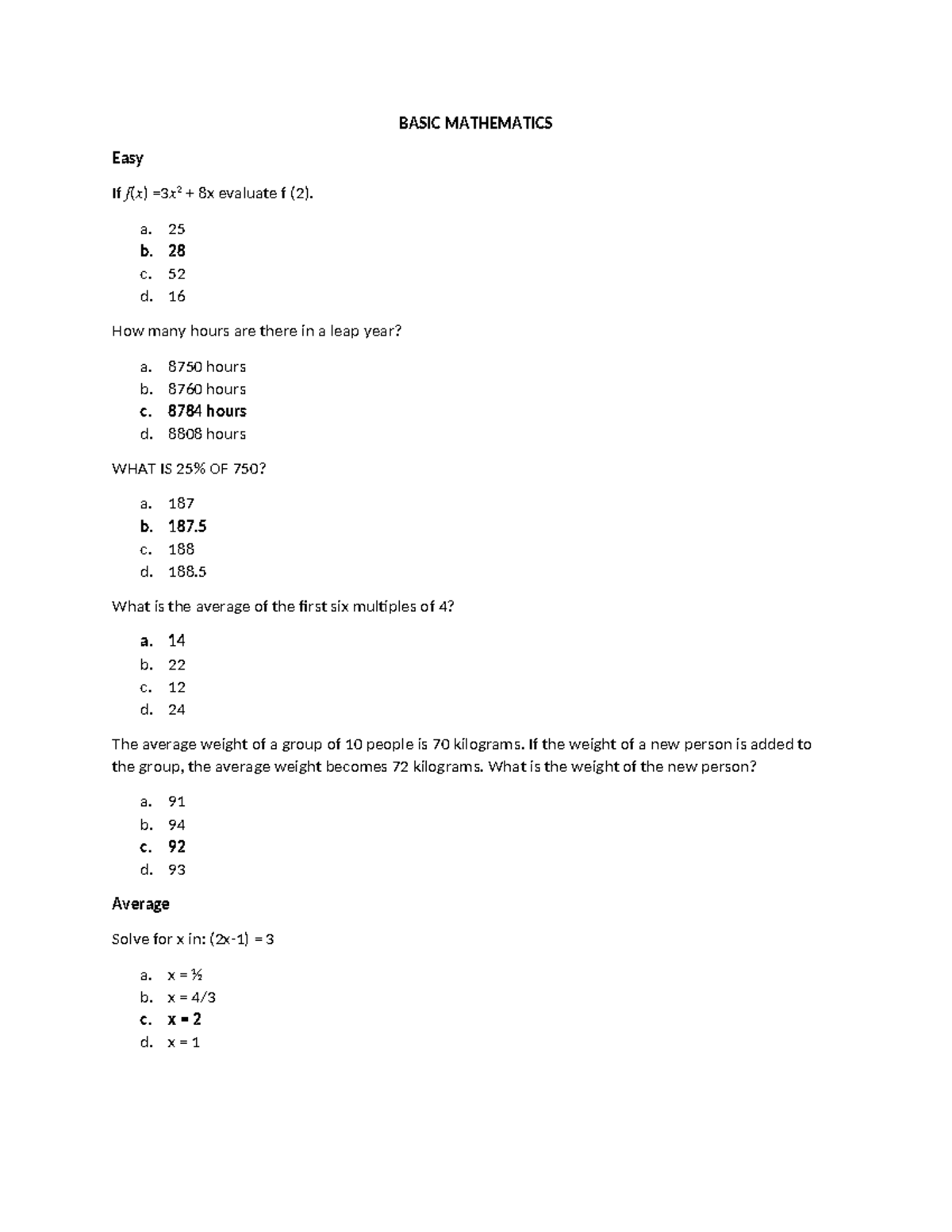 BASIC MATHEMATICS Quiz Questions and Answers - Studocu