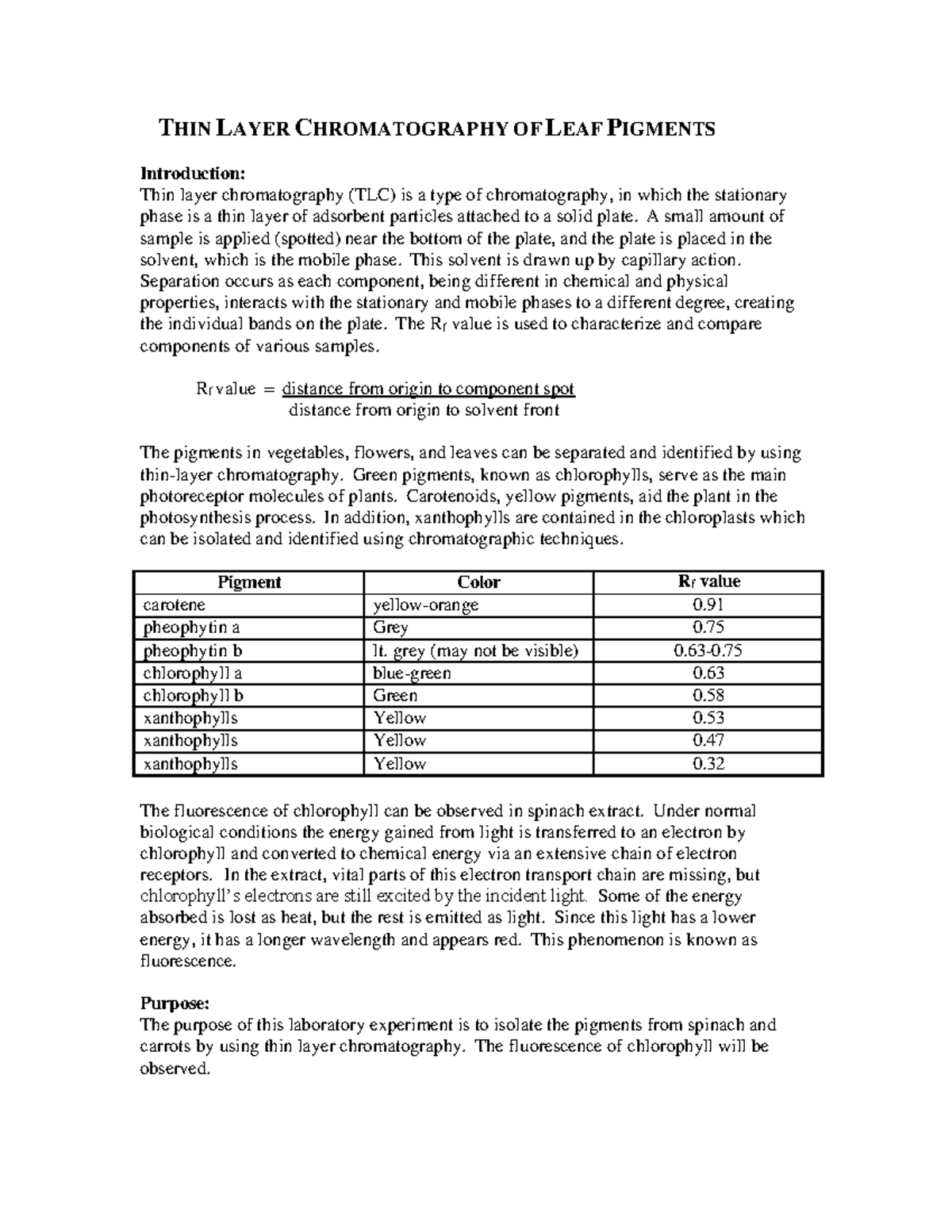TLC Protocol for Isolating Leaf Pigments in Spinach & Carrots - Studocu