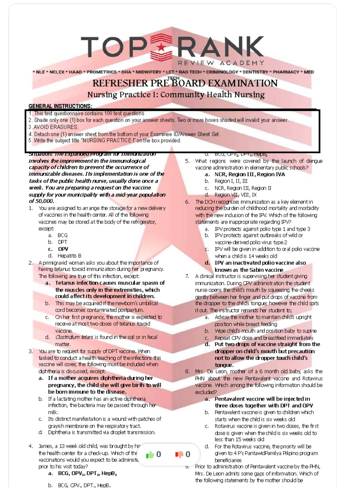 Refresher Q&A for Pre-Board Exam in Nursing Practice I (NP1) - Studocu
