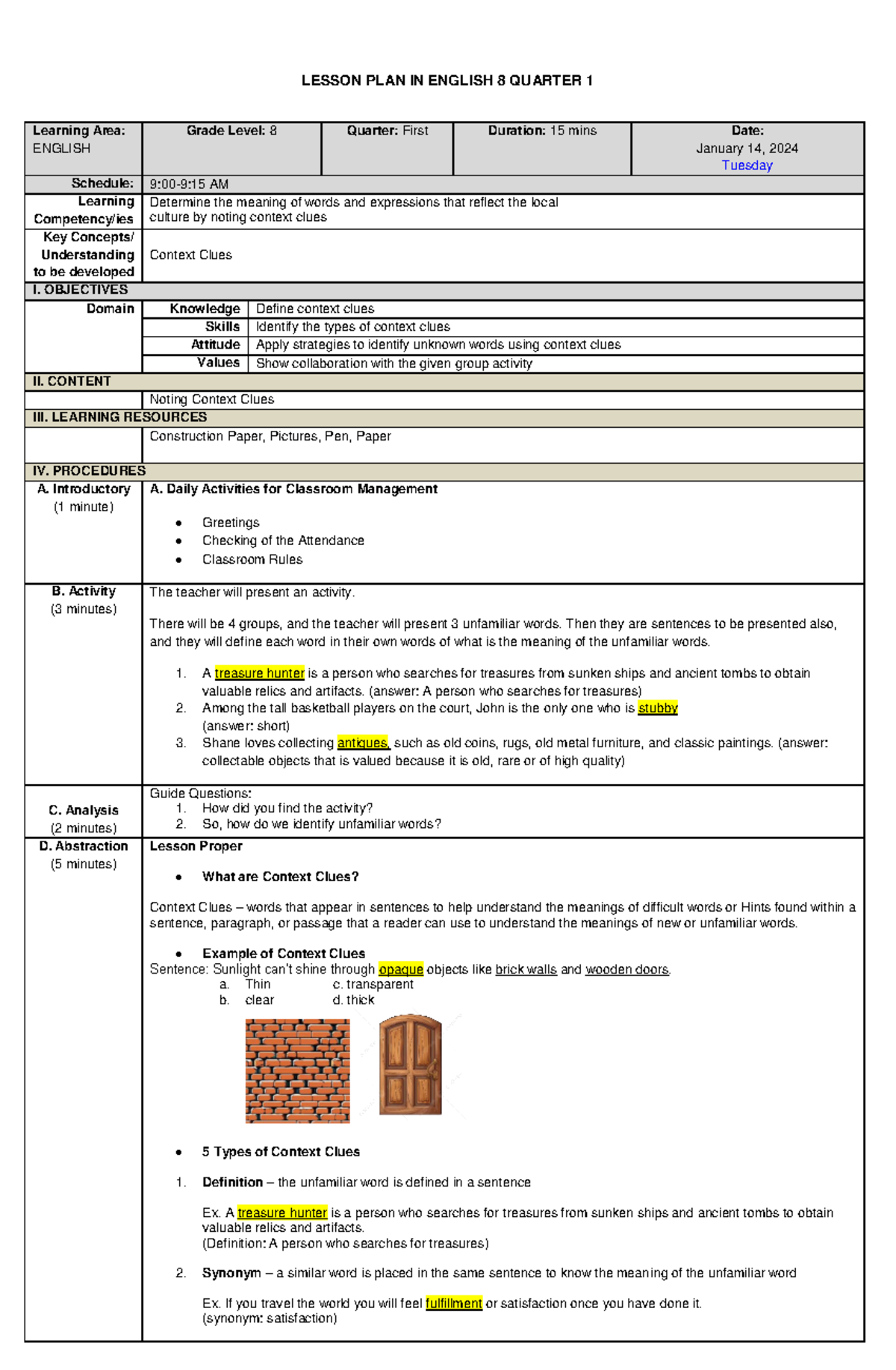Lesson Plan G8 Q1 Pagasian Final - LESSON PLAN IN ENGLISH 8 QUARTER 1 Learning Area: ENGLISH ...