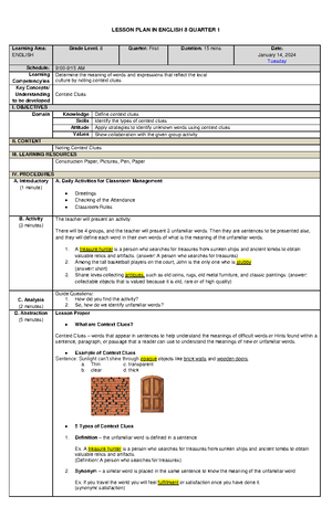 Lesson Plan G8 Q1 Pagasian - LESSON PLAN IN ENGLISH 8 QUARTER 1 Learning Area: ENGLISH Grade ...