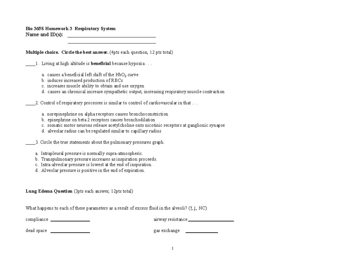 Bio 365S Homework 3: Respiratory System Questions and Answers - Studocu