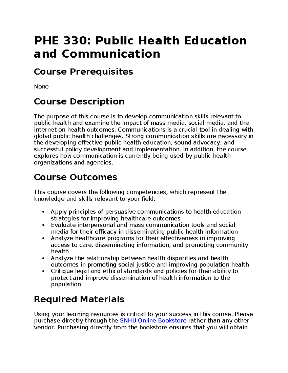 PHE 330 Course Syllabus: Public Health Education & Communication - Studocu