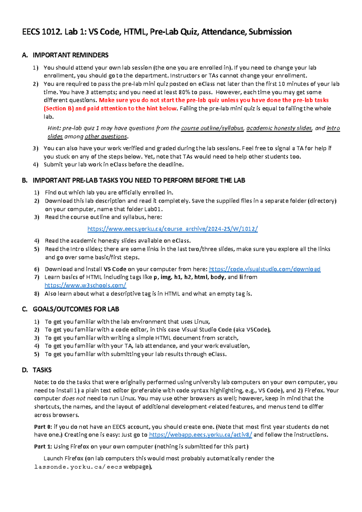 EECS 1012. Lab 1: VS Code, HTML Basics, Quiz & Submission Guidelines - Studocu