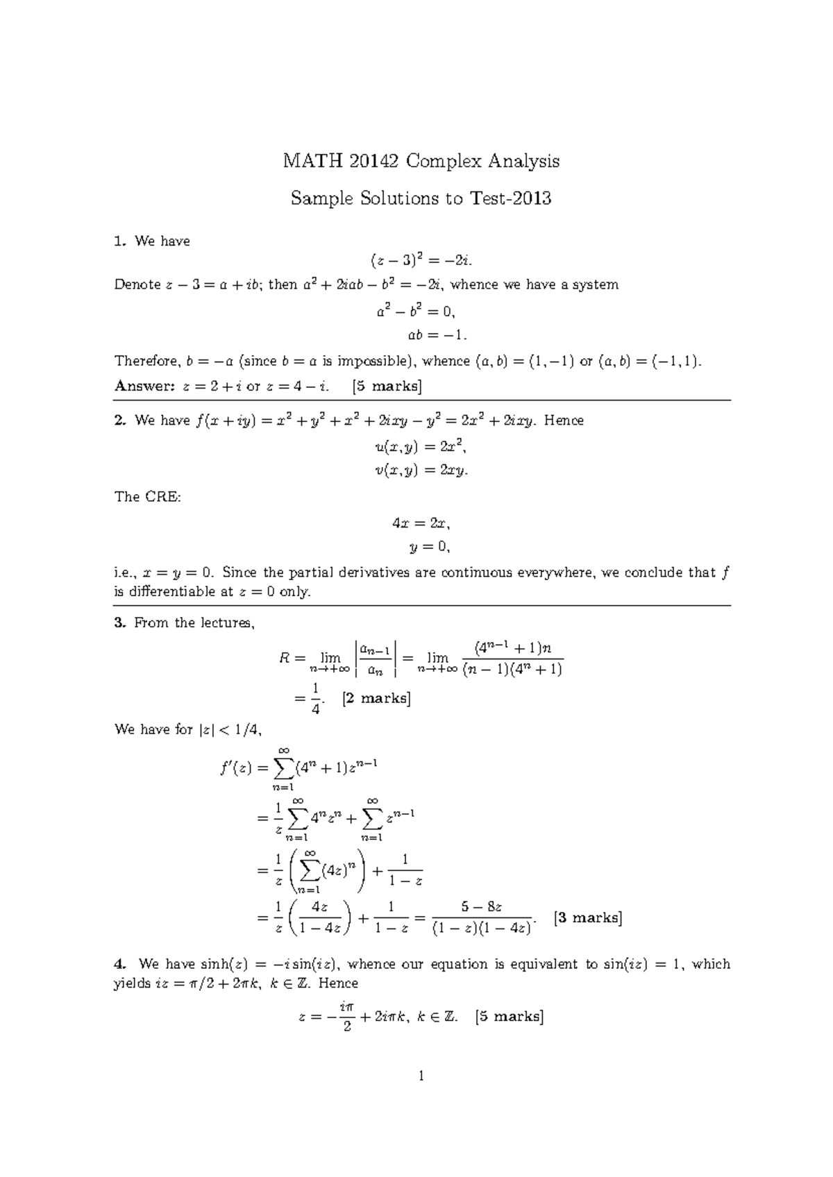 Test 9 March 2013, answers - MATH 20142 Complex Analysis Sample ...
