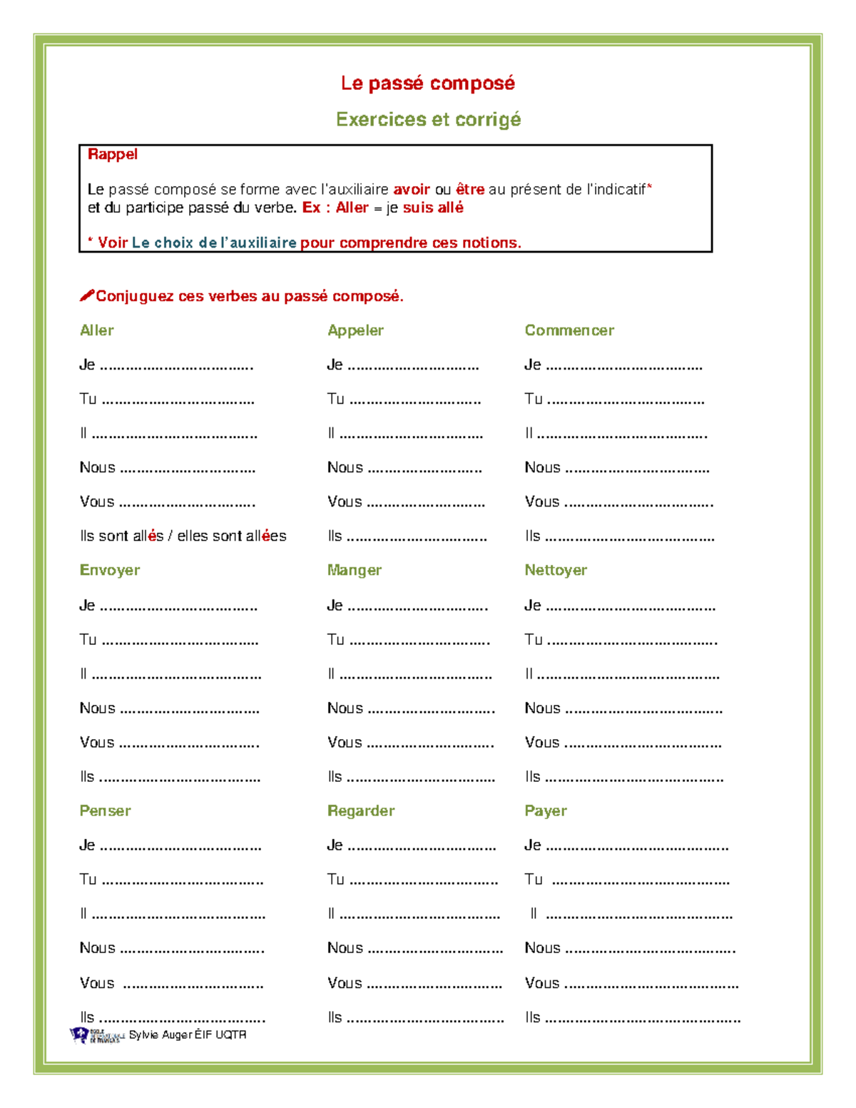 French Notes II - Le passé composé Exercices et corrigé Rappel Le passé ...