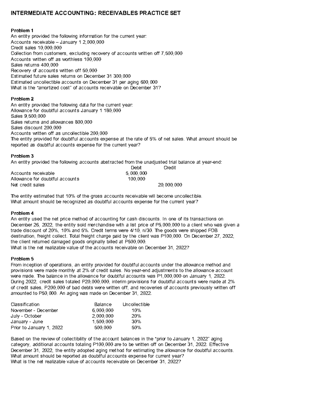 IA: Receivables Practice Set for Intermediate Accounting - Studocu