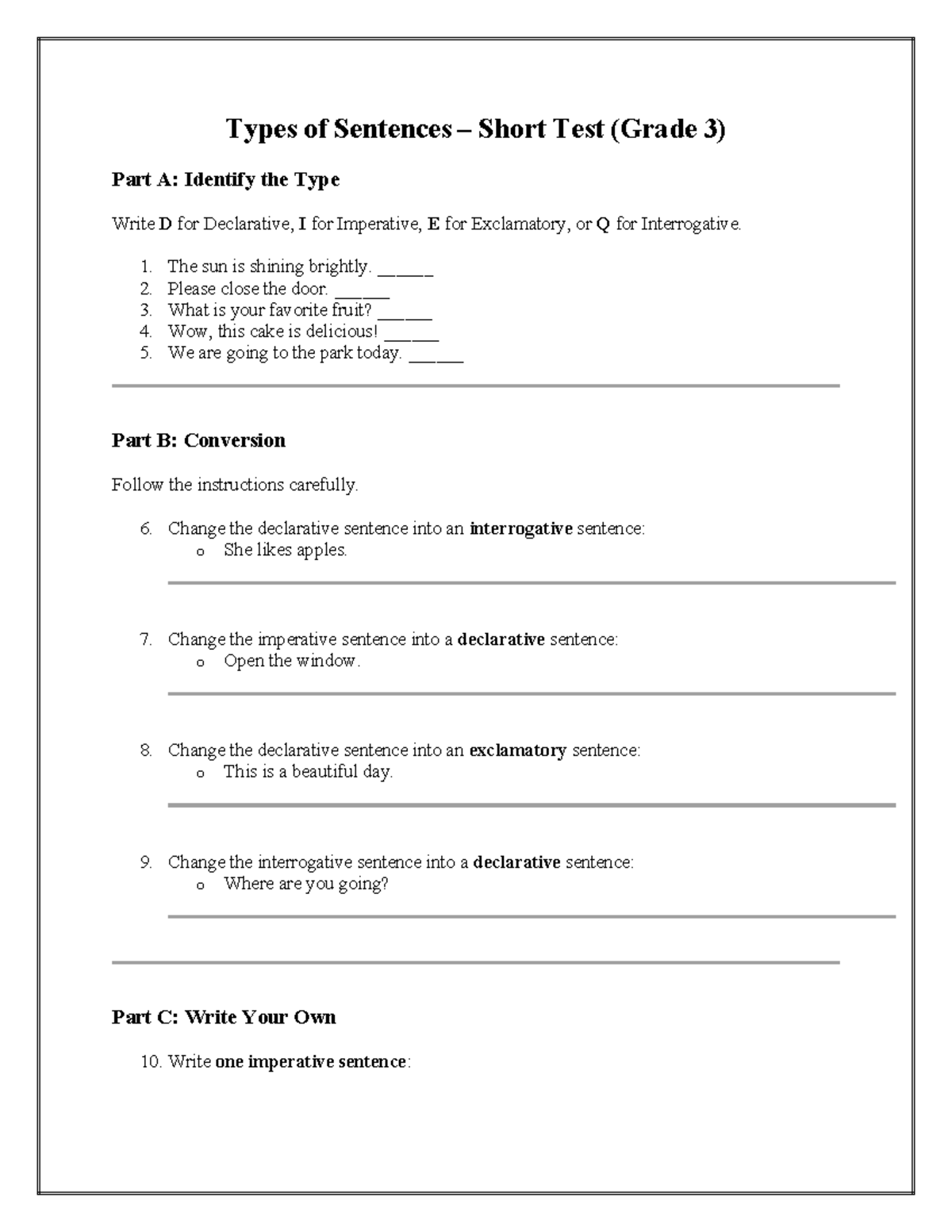 Types of Sentences Short Test (Grade 3) - Reinforcement Activities ...
