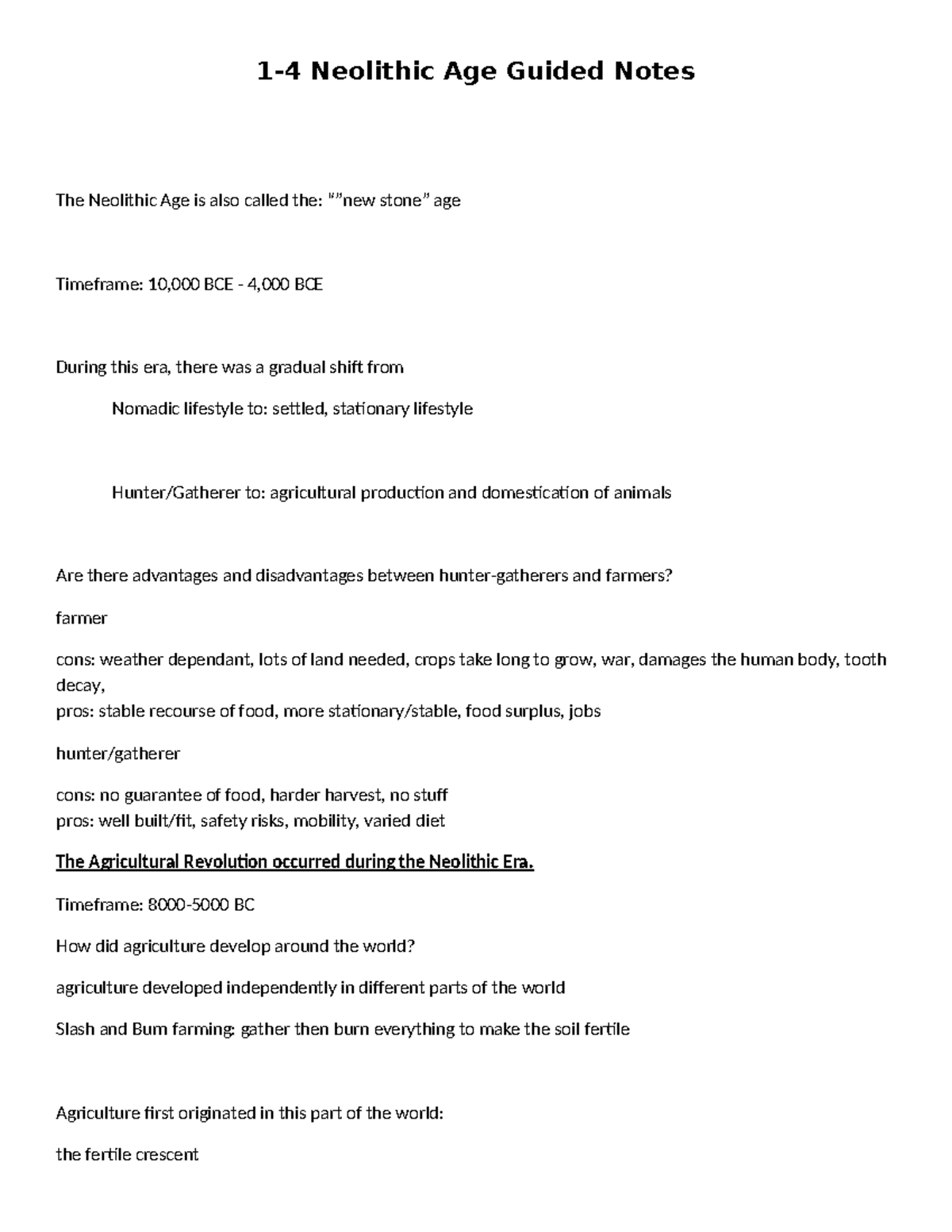 Neolithic Age Guided Notes (HIST101) - 1-4 Neolithic Age Guided Notes ...