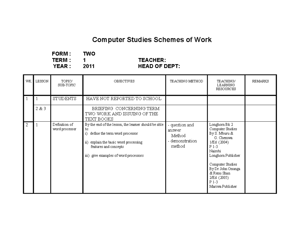 Computer Studies Form 2 Term 1 Lesson Plans and Objectives - Studocu