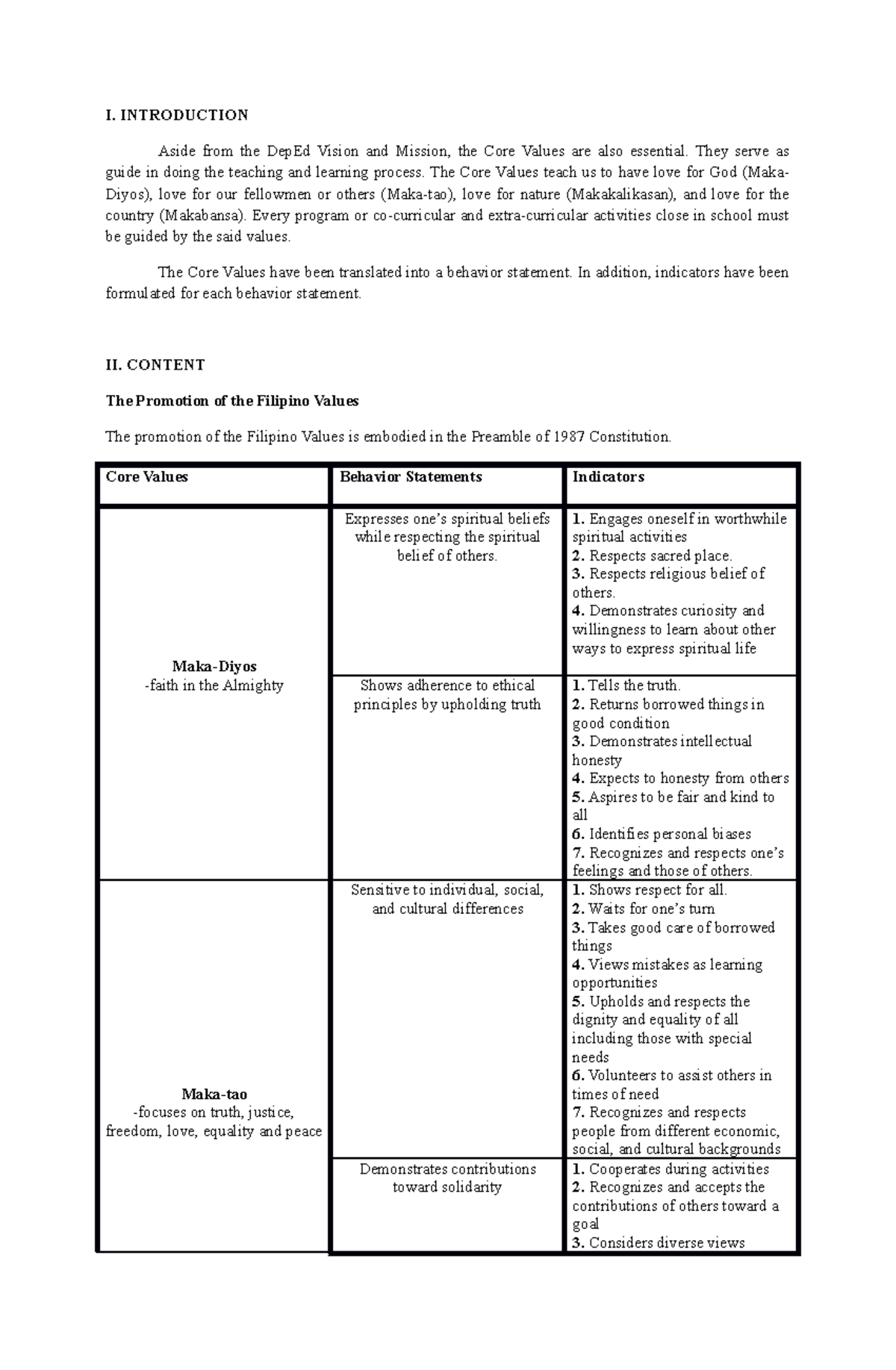 Core values - Lecture notes 1 - I. INTRODUCTION Aside from the DepEd ...
