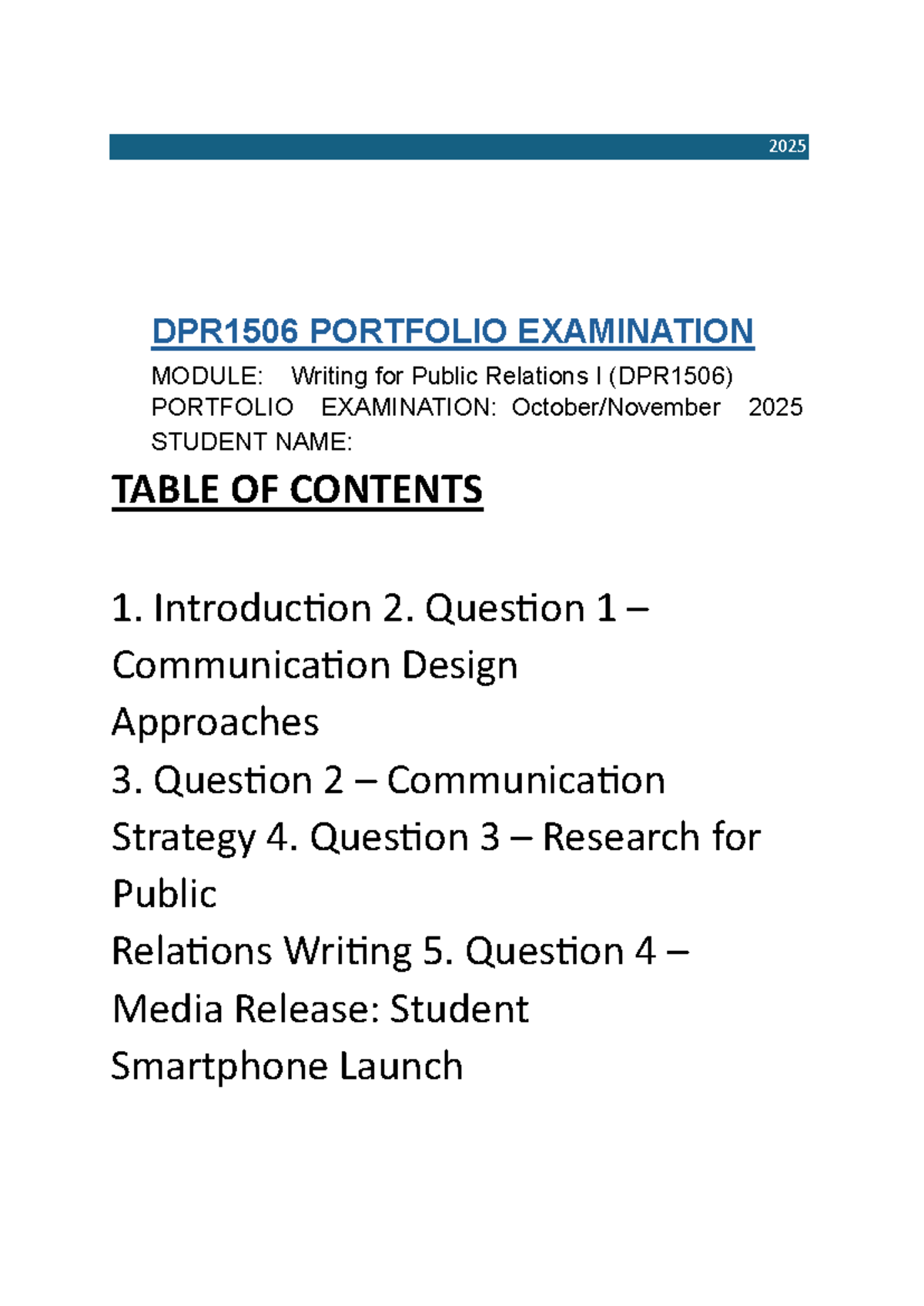 DPR1506 Portfolio Examination: Writing for Public Relations I (2025 ...