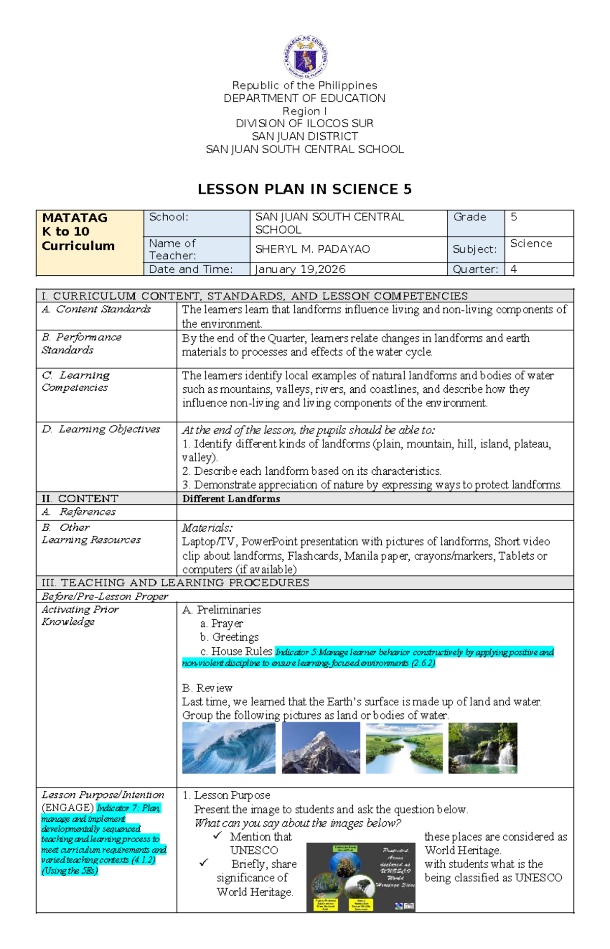 DLP- Science 5: Exploring Different Landforms and Their Impact - Studocu
