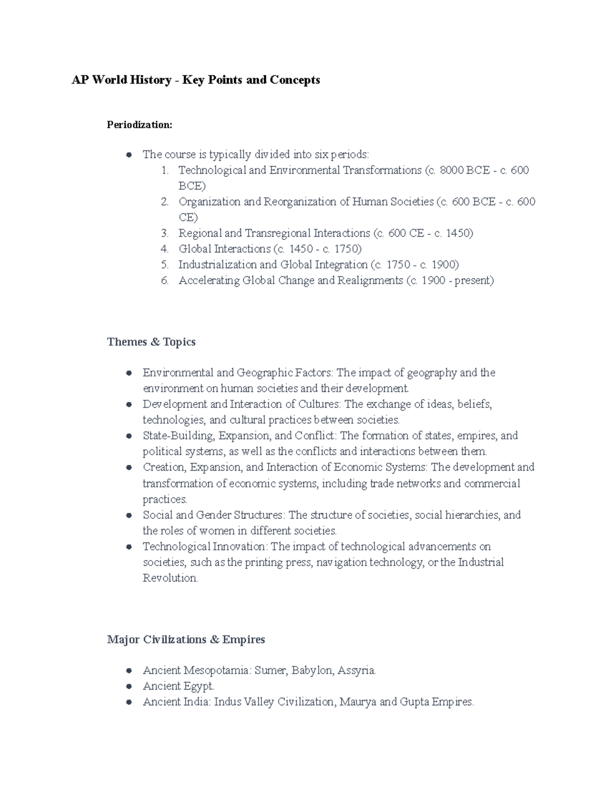 AP World History Key Points and Concepts - AP World History - Key ...