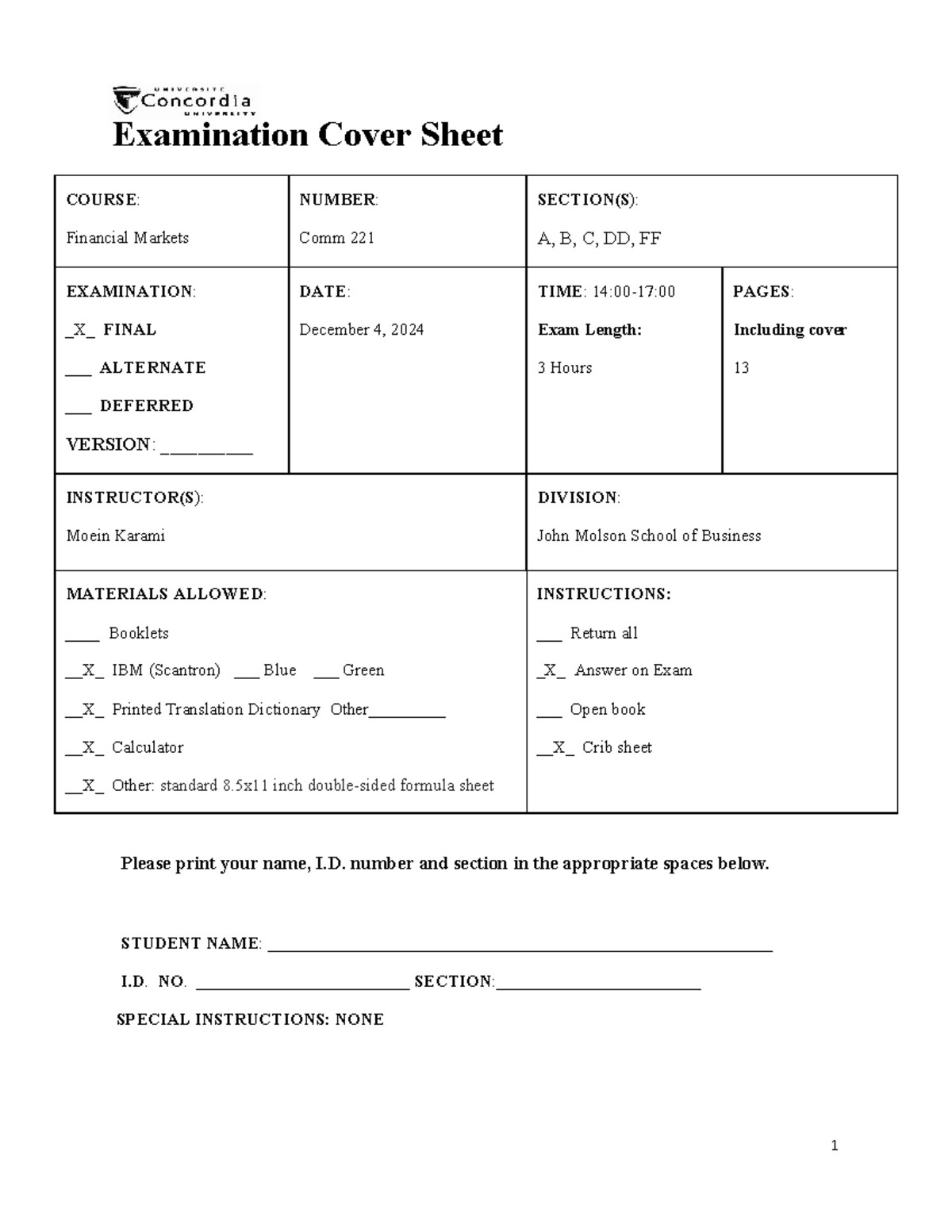 COMM 221 Final Exam Cover Sheet - December 2024 - Studocu