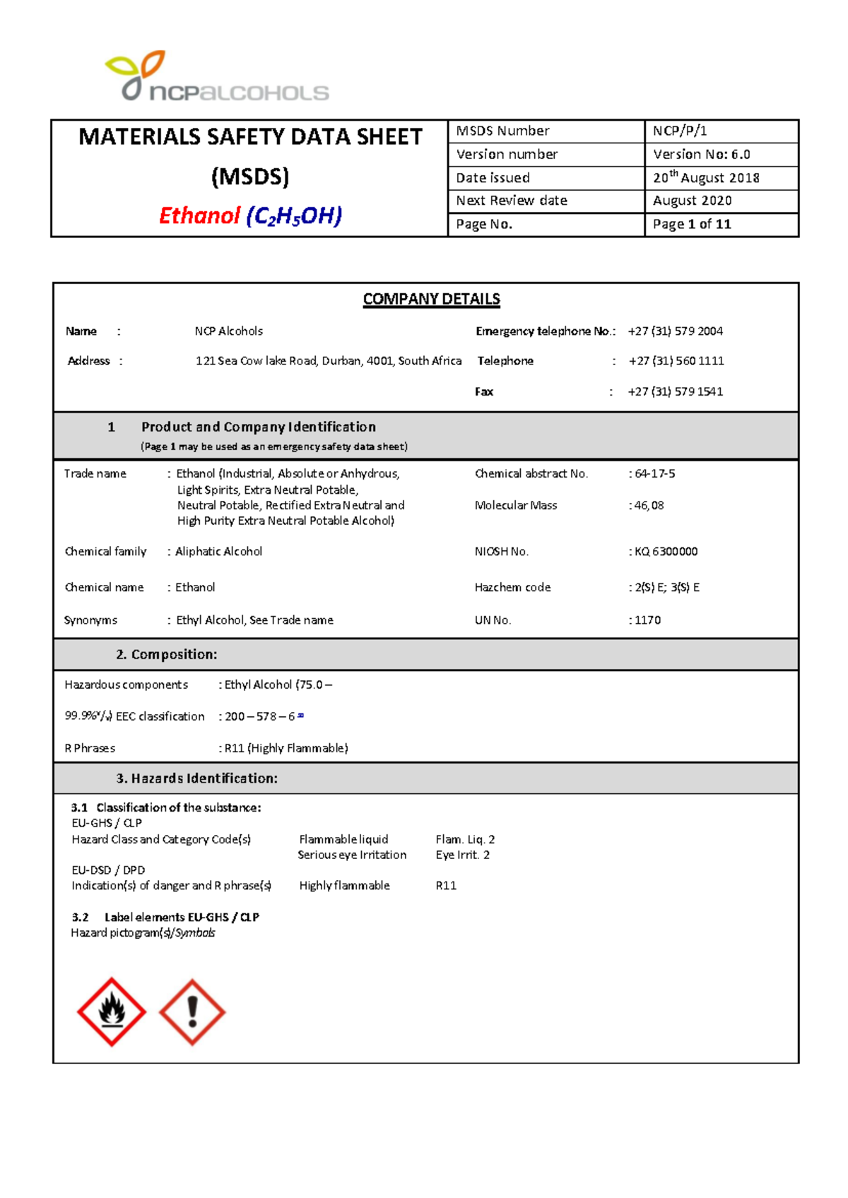 MSDS for Ethanol (C2H5OH): Safety Guidelines and Precautions - Studocu