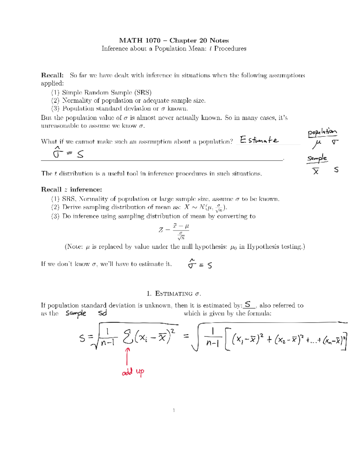 MATH 1070 Chapter 20 Notes: Inference about Population Mean & t ...