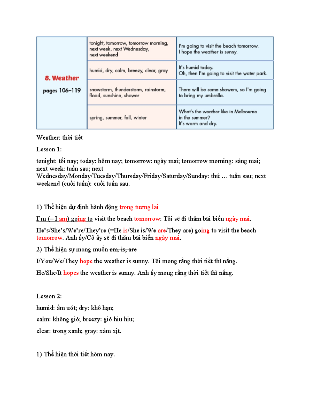 Weather Vocabulary & Future Plans: Lesson 1-4 Review Unit 8 - Studocu