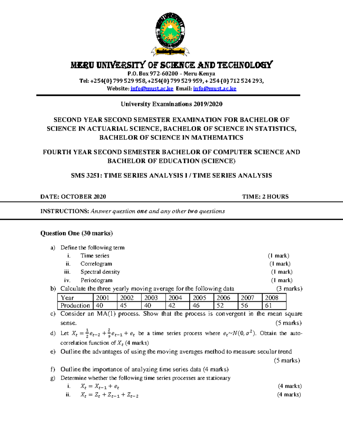 SMS 3251: Time Series Analysis I - Exam Questions & Guidelines - Studocu