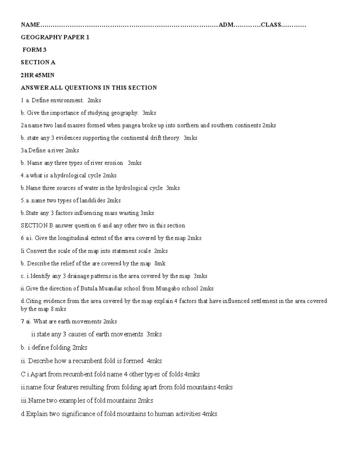 GEOGRAPHY PAPER 1 FORM 3 SECTION A & B STUDY NOTES - Studocu