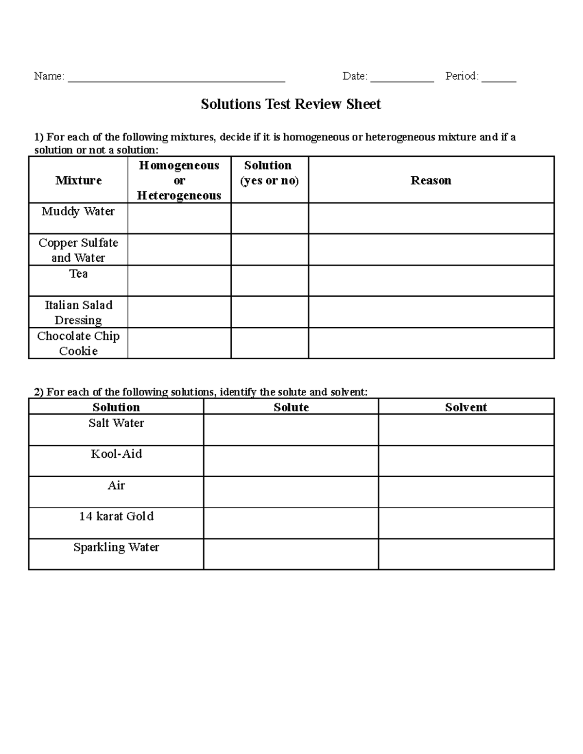 Solutions Review Sheet for Mixtures and Solvents - Studocu