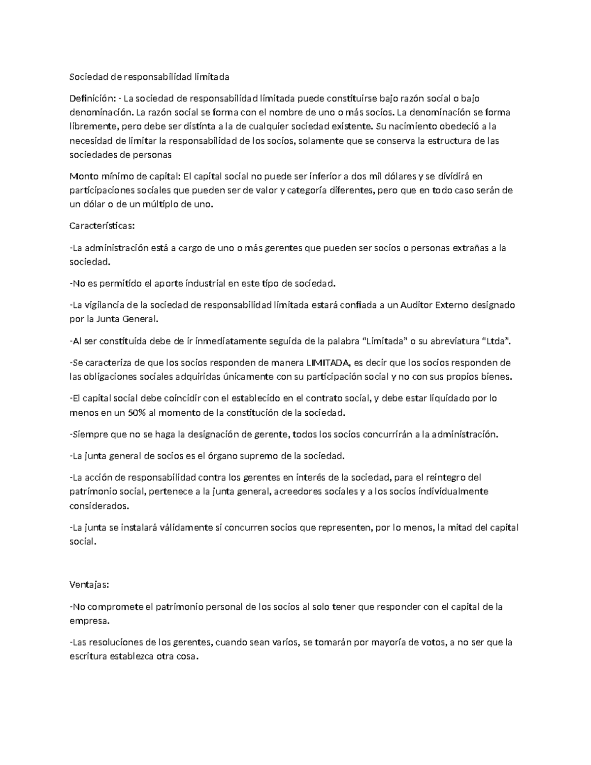 Características y Ventajas de la Sociedad de Responsabilidad Limitada - Studocu