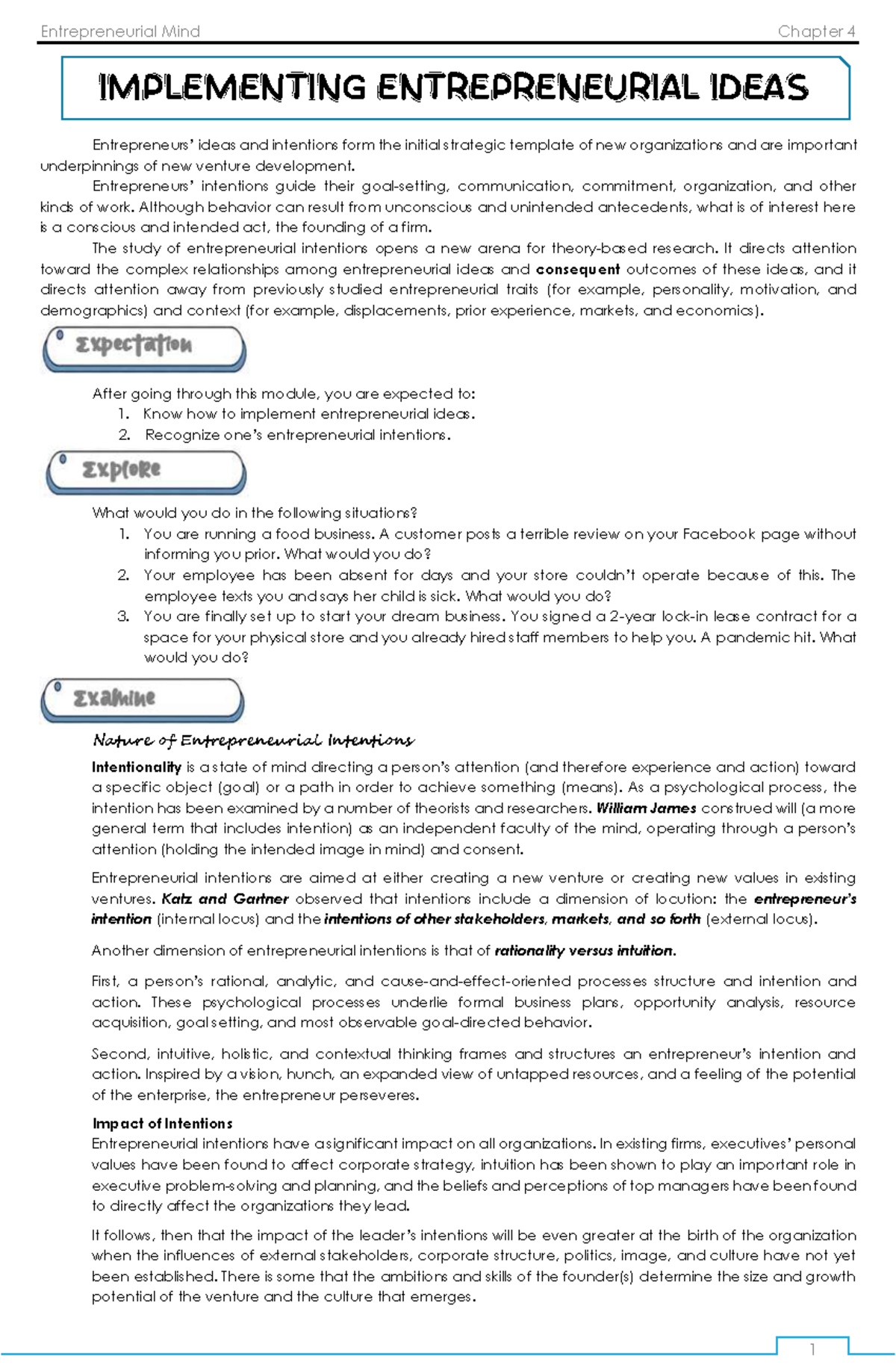 BA Entrep Mind C4 pdf - Entrepreneurial Mind Chapter 4 1 Entrepreneurs’ ideas and intentions ...