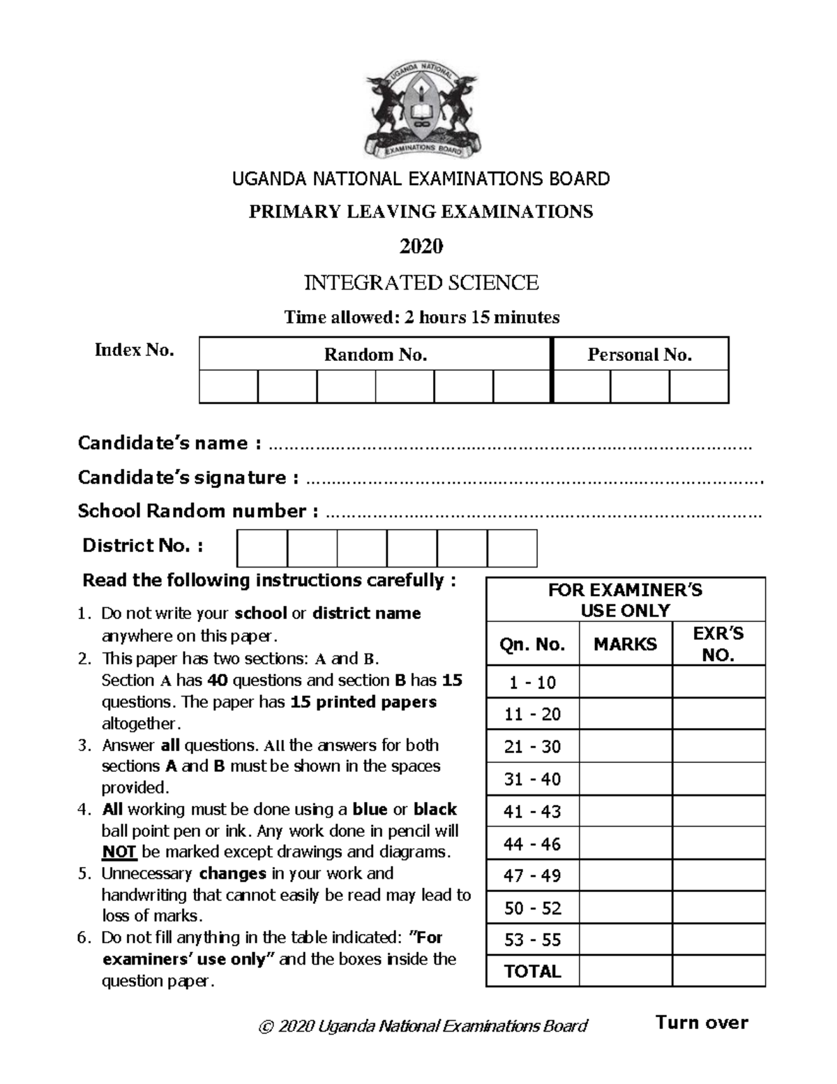 2020 PLE Integrated Science Exam Paper - Uganda National Examinations ...