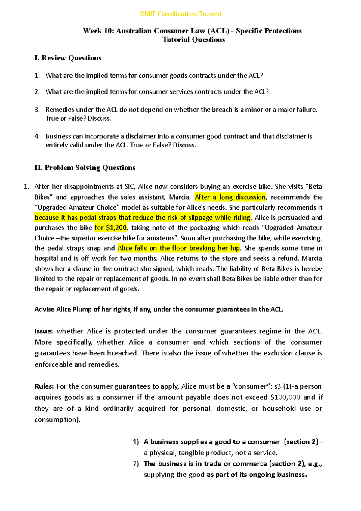Business Law Week 10 Tutorial Questions - Week 10: Australian Consumer ...