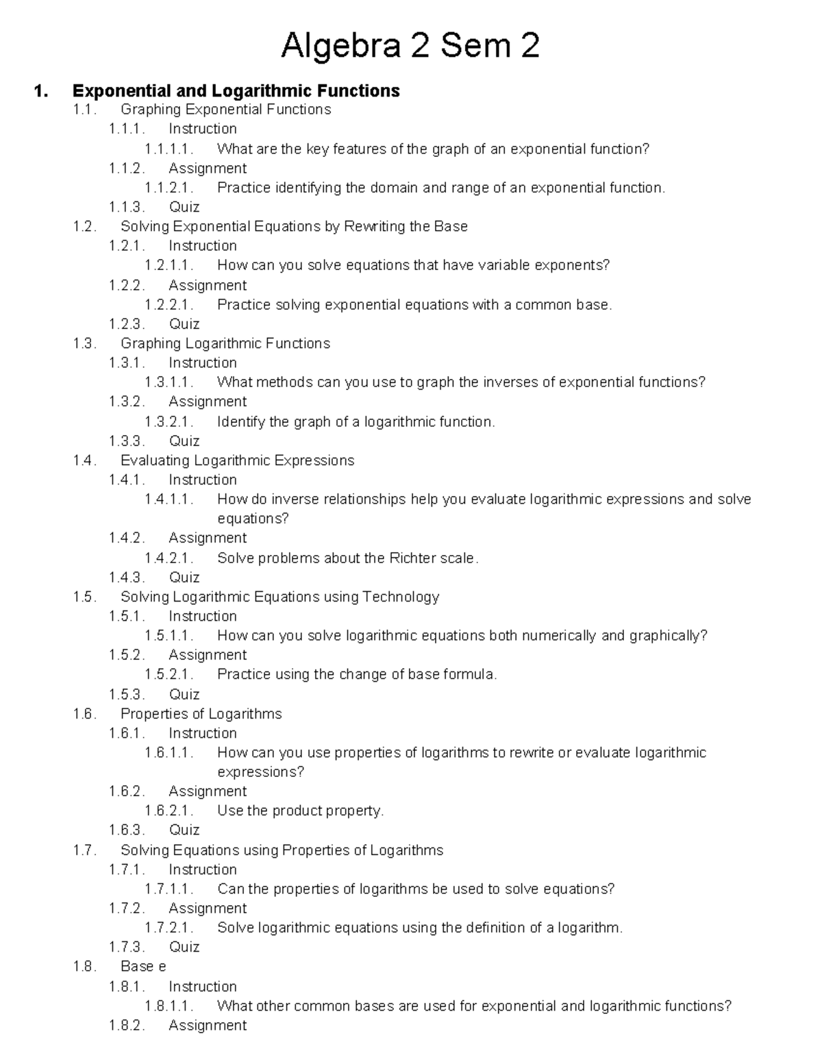 Fa611c Algebra 2 Sem 2: Exponential & Logarithmic Functions - Studocu