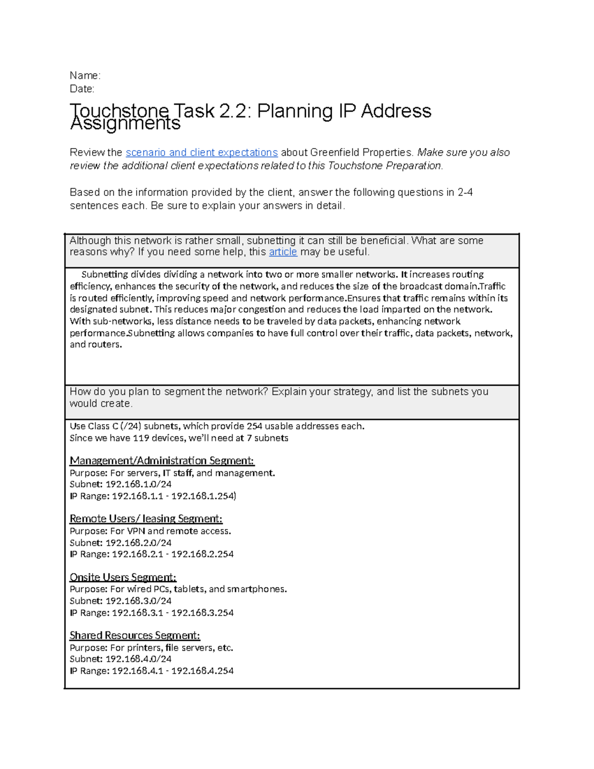 Touchstone Task 2.2: Planning IP Address Assignments Strategy and Analysis - Studocu