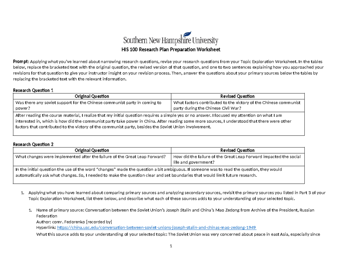 4 Research Plan Preparation Worksheet - HIS 100 Research Plan ...