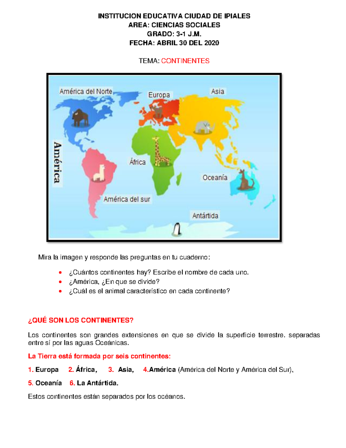 LOS Continentes 3-1 J.M - INSTITUCION EDUCATIVA CIUDAD DE IPIALES AREA ...