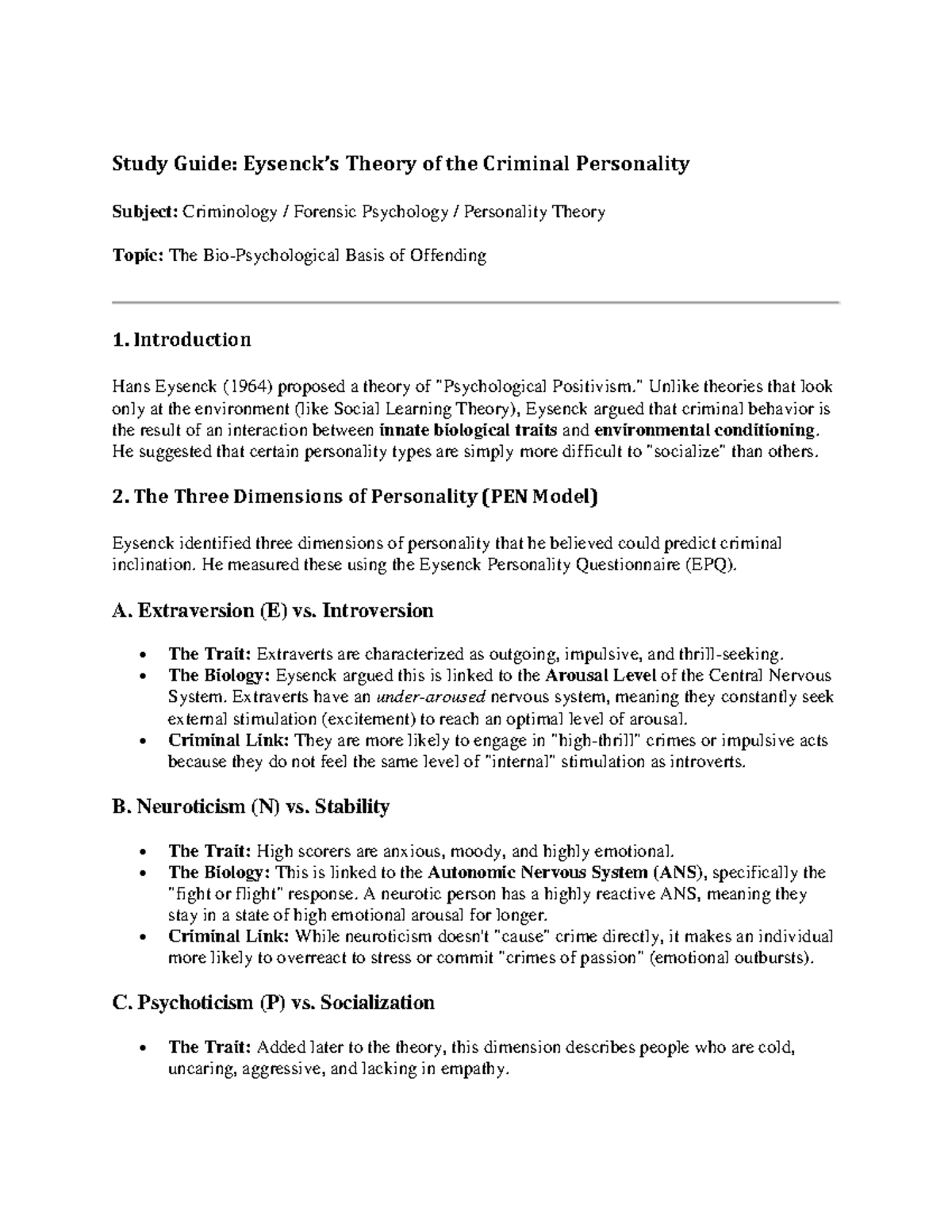 Criminology Study Guide: Eysenck's Theory of Criminal Personality - Studocu