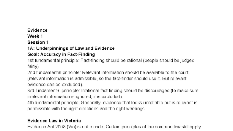 Evidence Week 1 - week 1 notes - Evidence Week 1 Session 1 1A ...