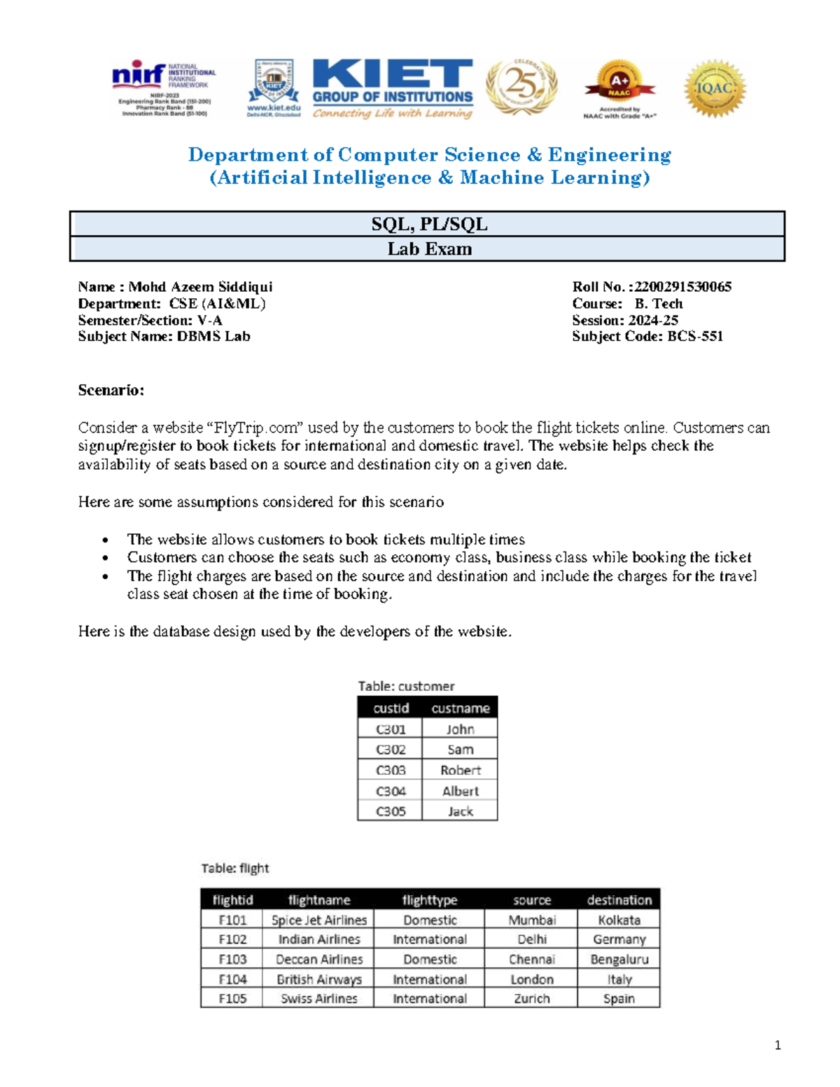 SQL Lab Exam - BCS-551: FlyTrip Booking Database Queries - Studocu
