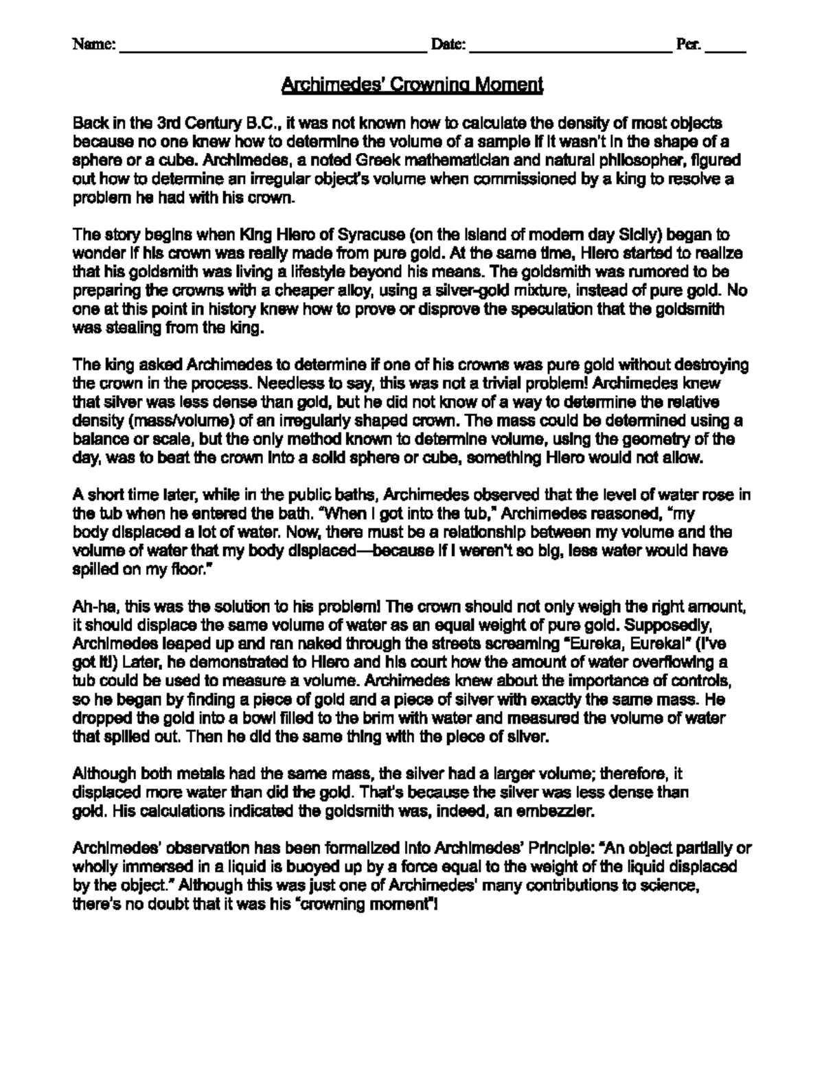 Archimedes' Crown: Determining Density of Irregular Objects - Studocu