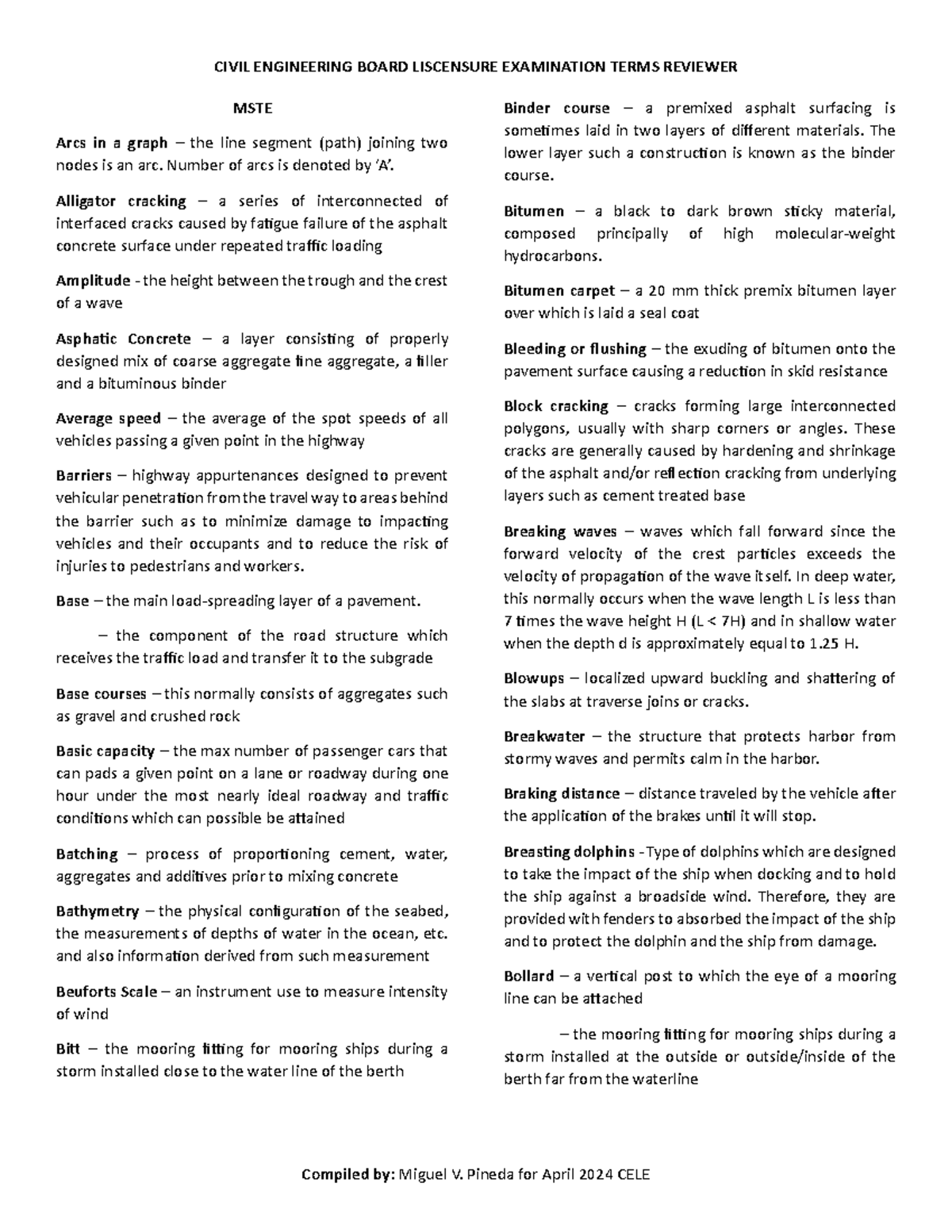 CELE Civil Engineering Board Licensure Exam Terms Reviewer 2024 - Studocu