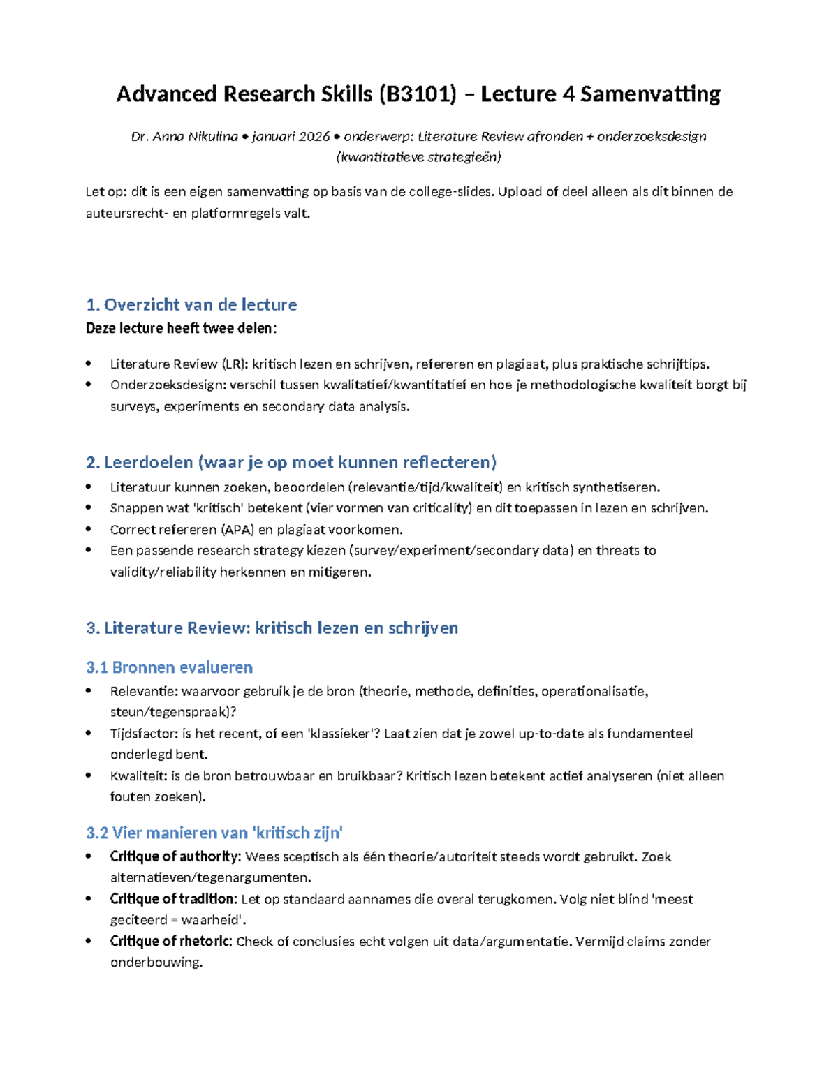 Advanced Research Skills (B3101) Lecture 4 Samenvatting: Literature ...