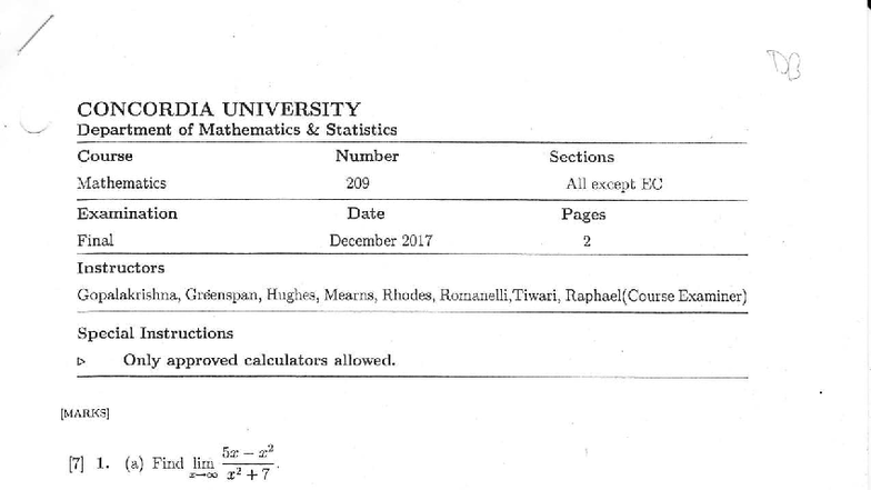 Final Exam MATH 209 - December 2017 Overview and Problems - Studocu