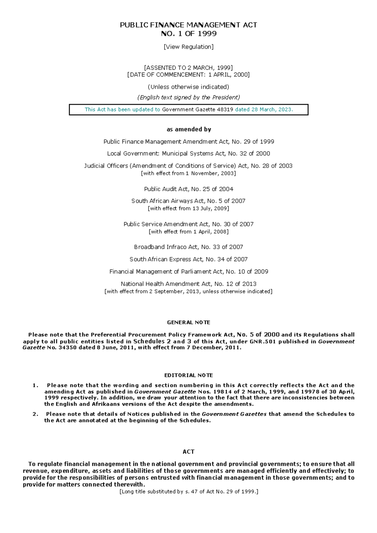 Public Finance Management Act, No. 1 of 1999: Comprehensive Overview ...