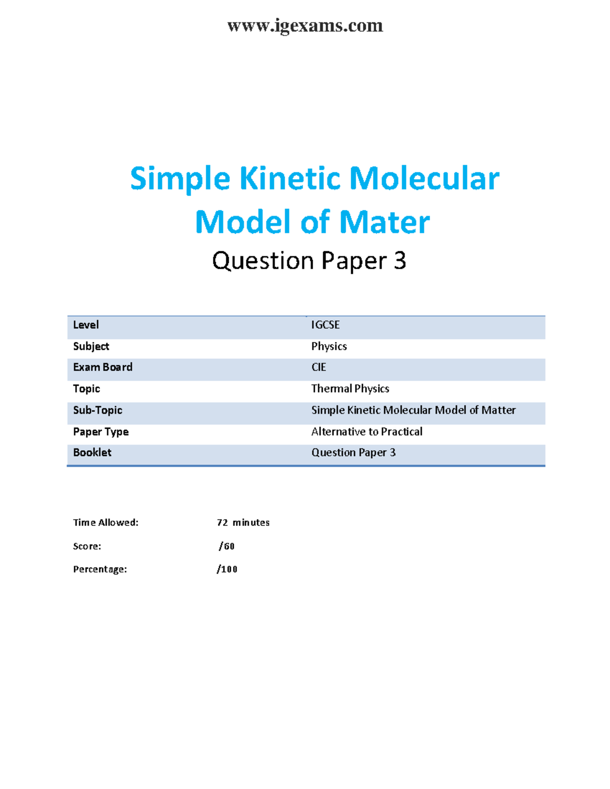 Simple Kinetic Molecular Model of Matter IGCSE Physics Practical QP ...