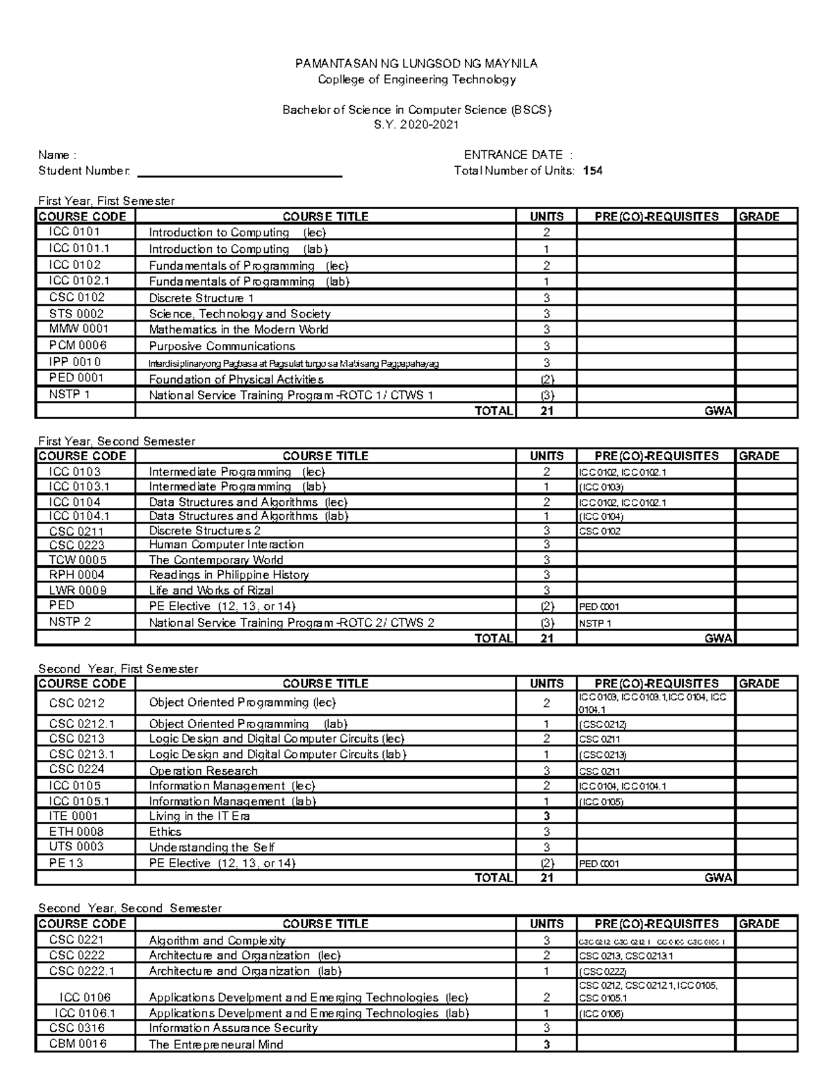 CS BS in Computer Science Curriculum Overview for AY 2020-2021 - Studocu